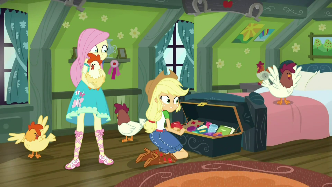 #2122980 - safe, screencap, applejack, fluttershy, bird, chicken ...