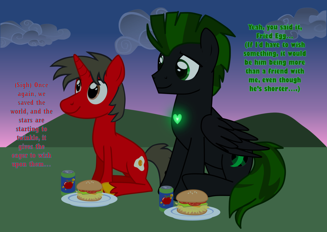 #2123660 - safe, artist:shadymeadow, oc, oc only, oc:cyrax, oc:fried egg, pony, unicorn, burger ...