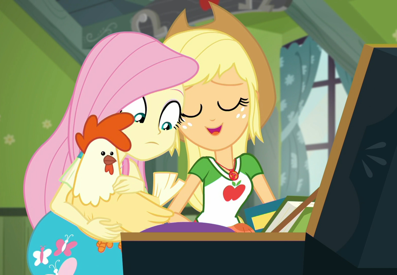 #2129582 - safe, screencap, applejack, fluttershy, bird, chicken ...