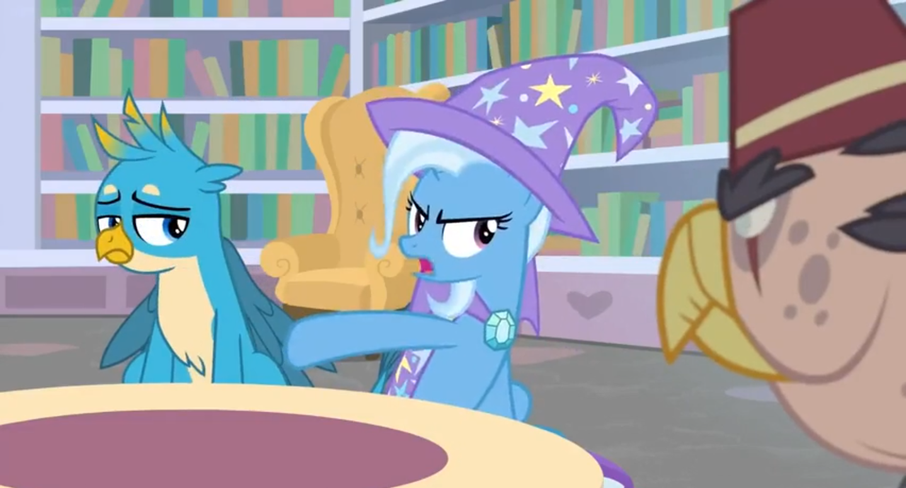 #2144224 - safe, screencap, gallus, grampa gruff, trixie, griffon, pony ...