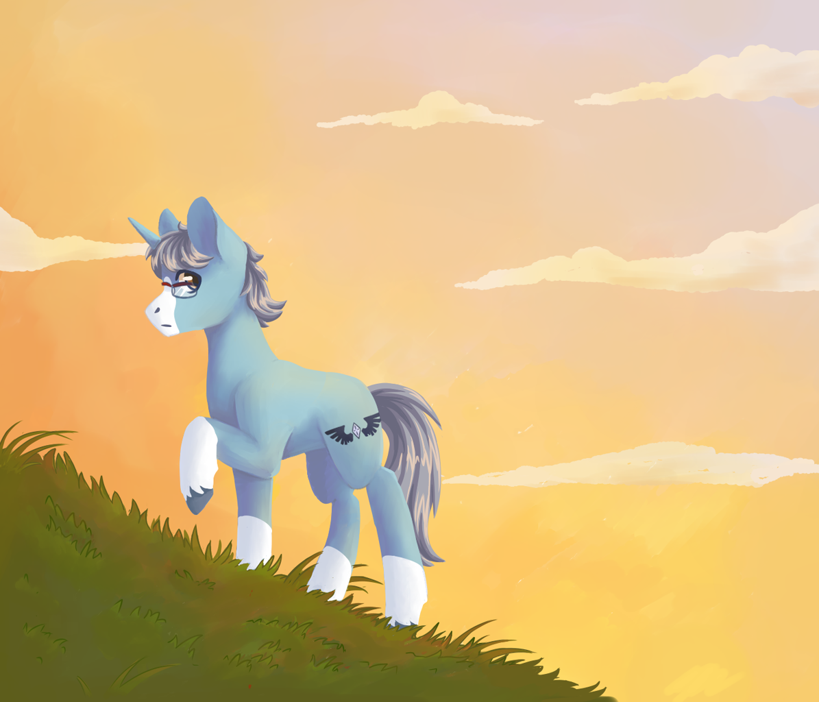 #2257755 - safe, artist:flaming-trash-can, oc, oc:alas negras, pony, unicorn, sky, sunset, ych ...