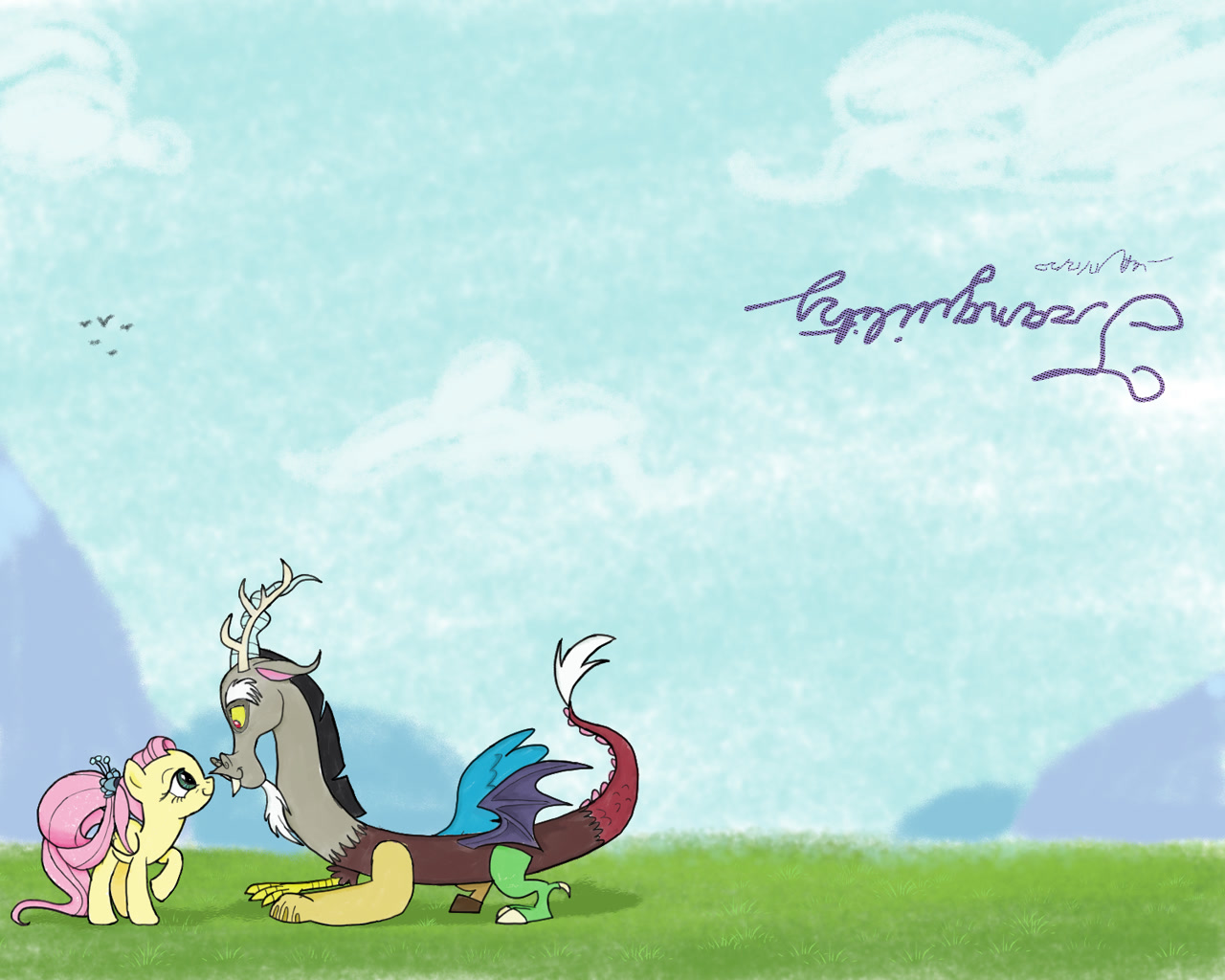 #2496425 - safe, artist:johnerose126, discord, fluttershy, draconequus ...