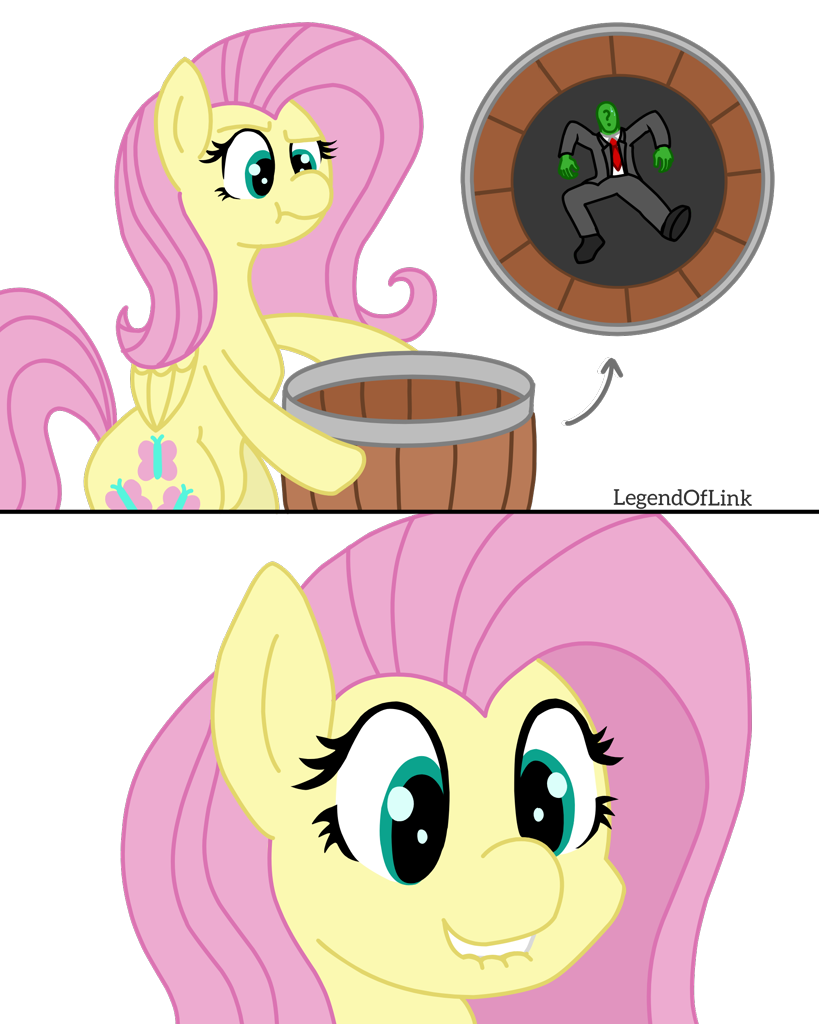 #2503434 - safe, artist:legendoflink, fluttershy, oc, oc:anon, 2 panel comic, barrel, bipedal ...