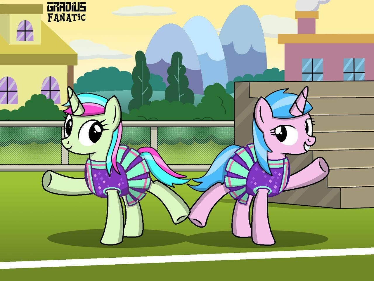 #2301577 - safe, artist:gradiusfanatic, oc, oc only, pony, unicorn, cheerleader, duo, female ...