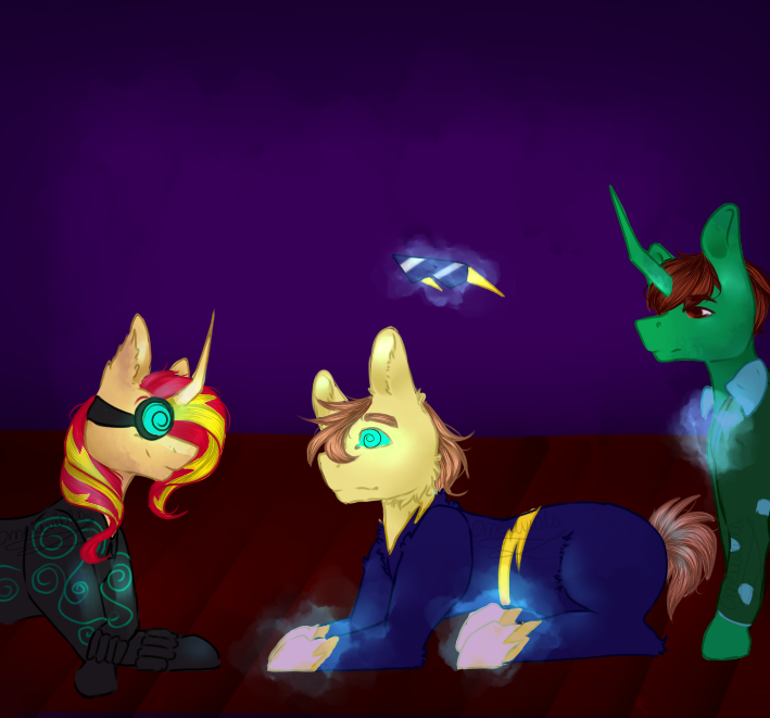 #2332763 - safe, artist:meliviola, sunset shimmer, oc, oc only, oc:ferb fletcher, oc:frost d ...