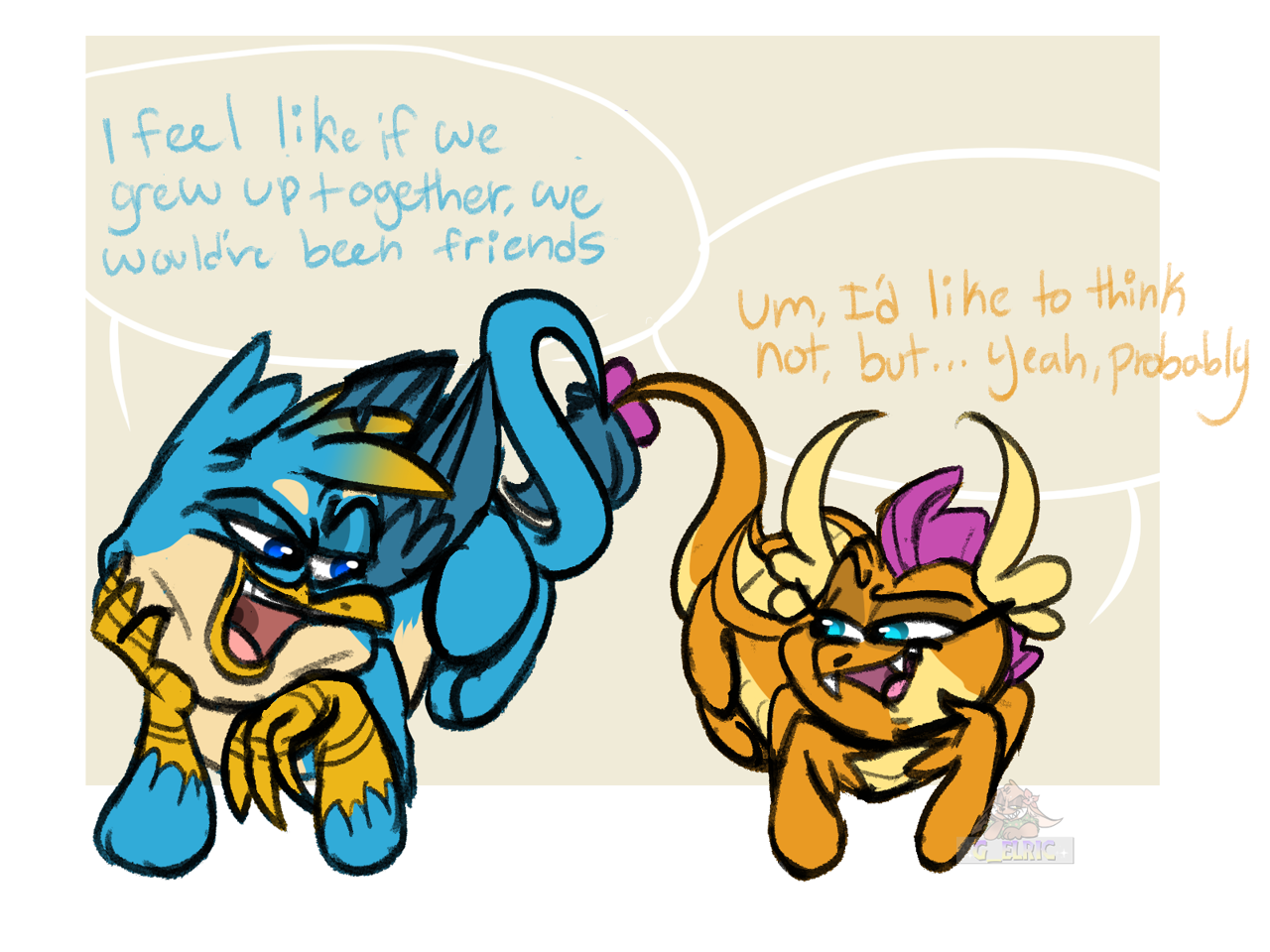 #2348384 - safe, artist:g-elric, gallus, smolder, dragon, griffon, cute ...