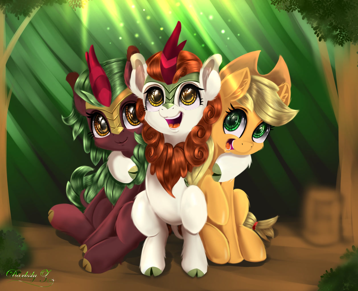 #2354036 - safe, artist:darksly, applejack, autumn blaze, cinder glow ...