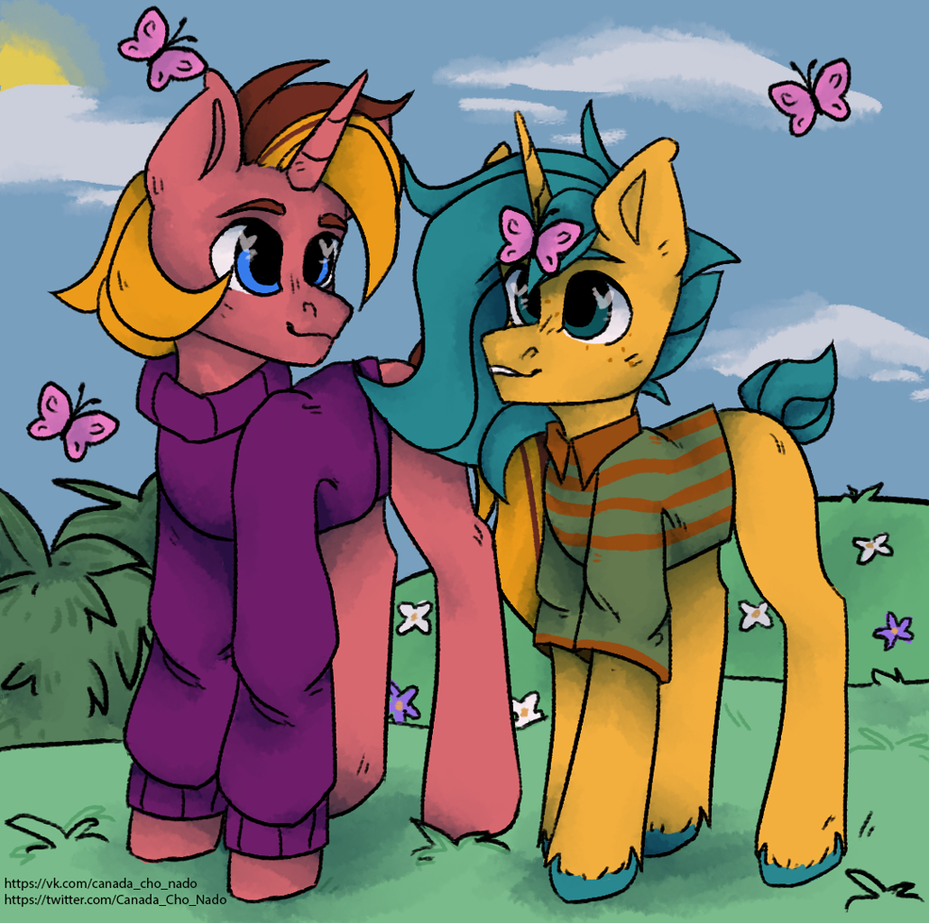 #2428796 - safe, artist:хлебушек, oc, oc:drew dru, oc:wry bell - Derpibooru