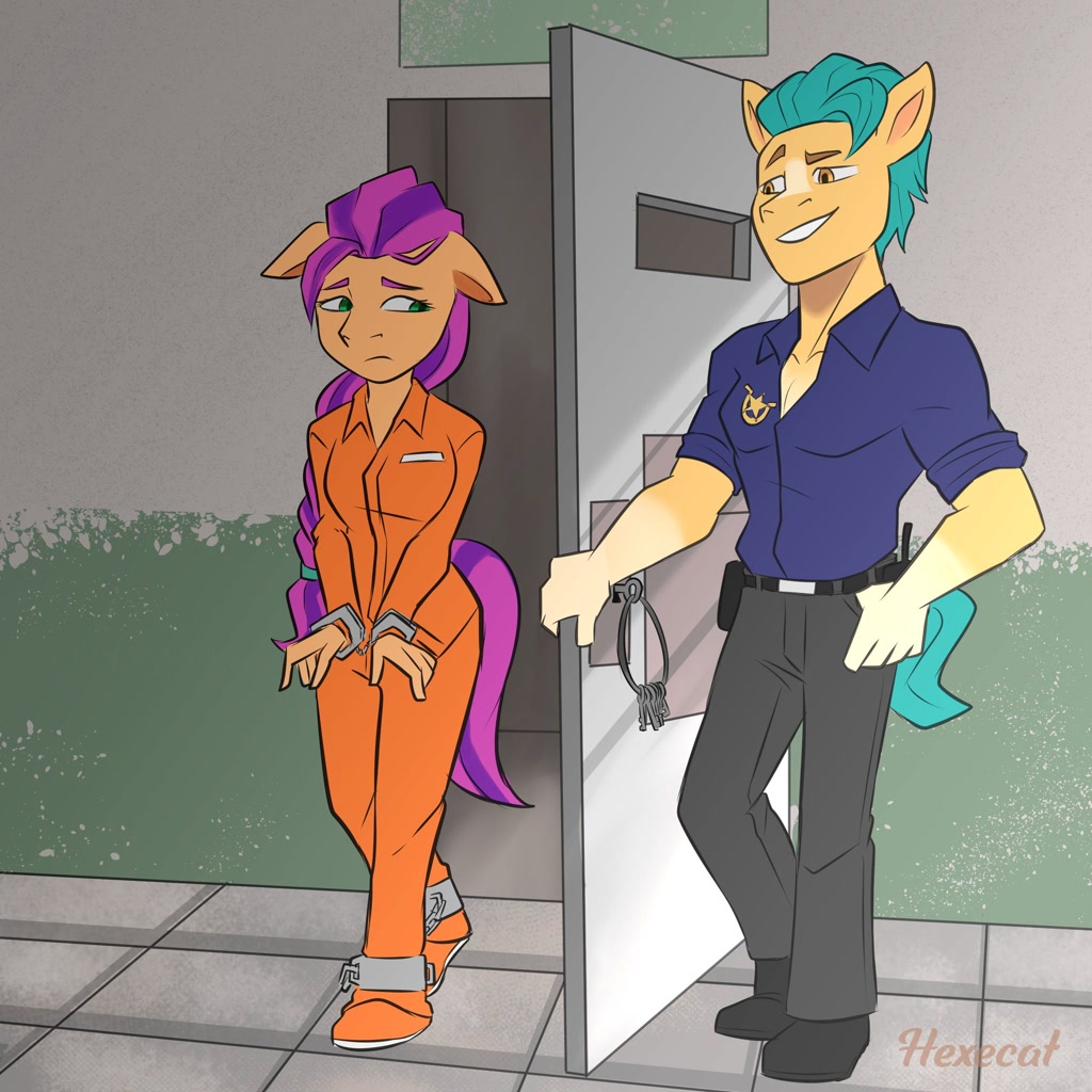 #2756156 - safe, artist:hexecat, hitch trailblazer, sunny starscout, anthro, unguligrade anthro ...