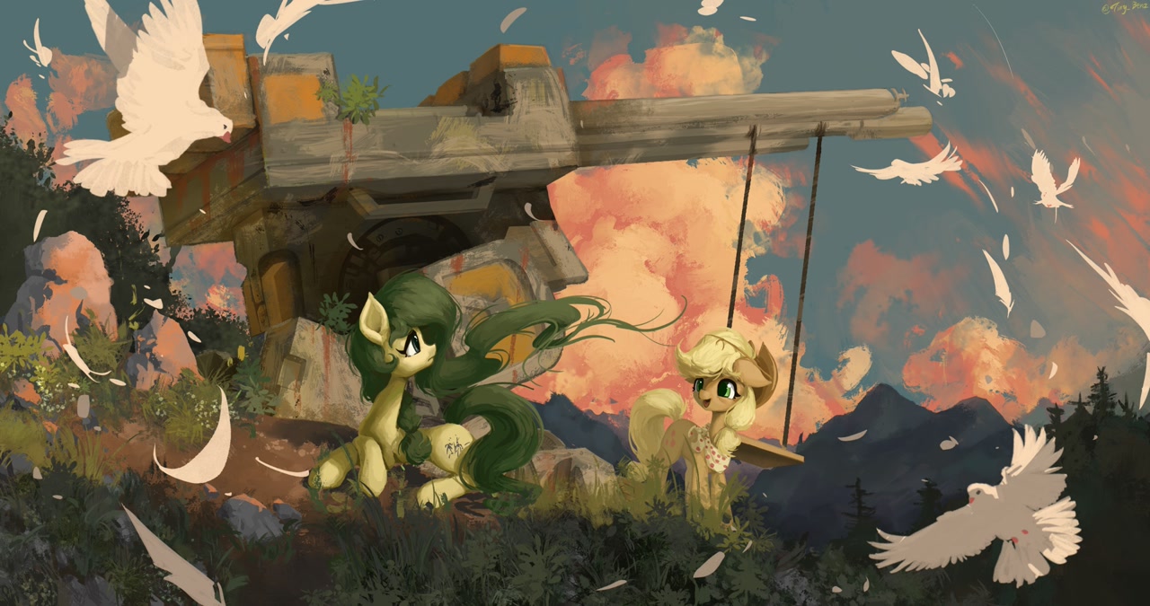 #2770982 - safe, artist:tinybenz, applejack, oc, bird, earth pony, pony ...