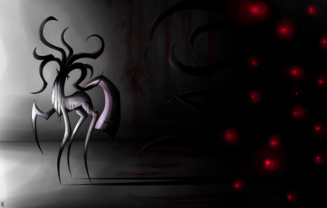 #2594225 - grimdark, artist:whitelie, monster pony, blood, headless, pointy legs, shadow ...