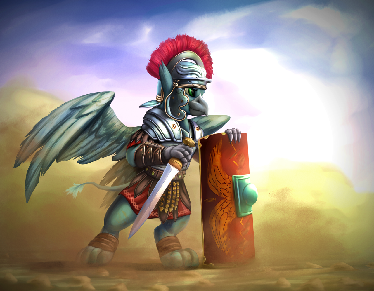 #2584185 - safe, artist:richmay, oc, griffon, armor, desert, dust ...