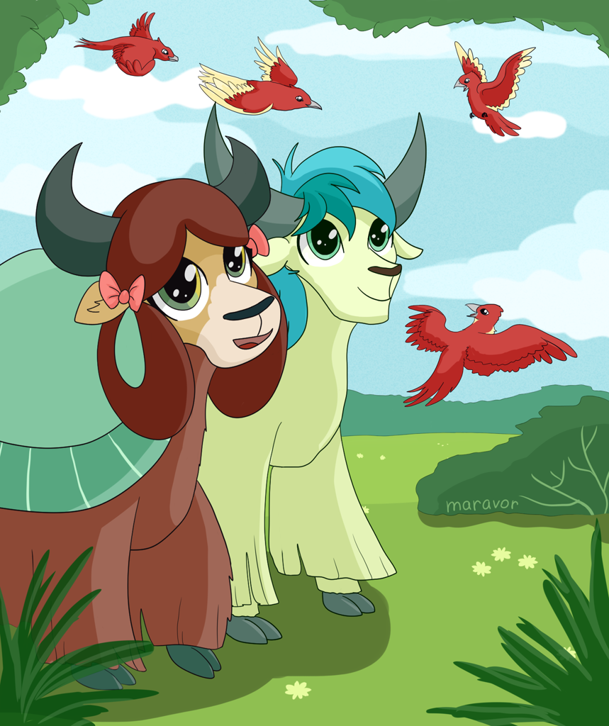 #2792486 - safe, artist:maravor, sandbar, yona, bird, yak, g4, cloven ...