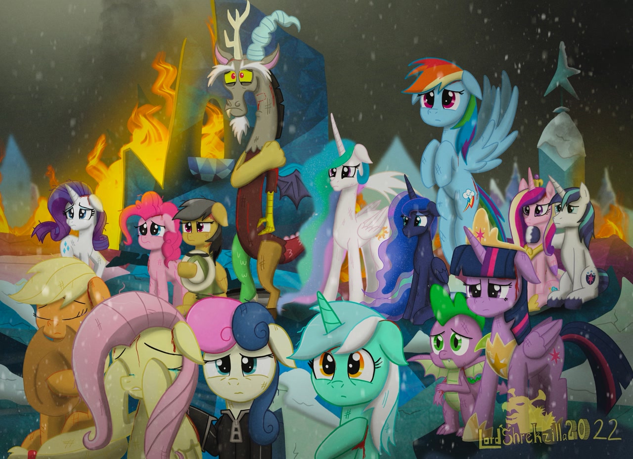 #2796452 - semi-grimdark, artist:lordshrekzilla20, applejack, bon bon, discord, fluttershy, lyra ...