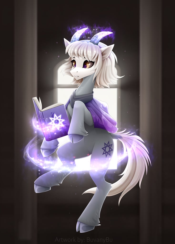 #2965140 - safe, artist:buvanybu, oc, oc only, oc:mantis, demon, demon pony, pony, book, cape ...