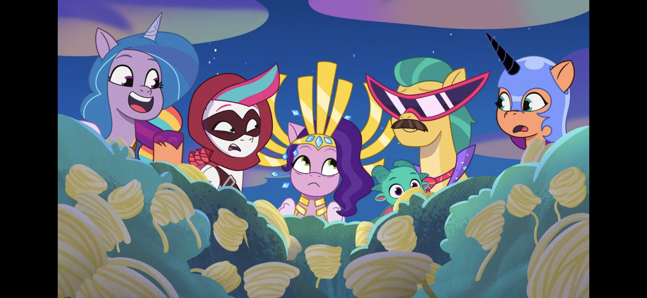 #2966669 - safe, screencap, hitch trailblazer, izzy moonbow, nightmare moon, pipp petals, sparky ...