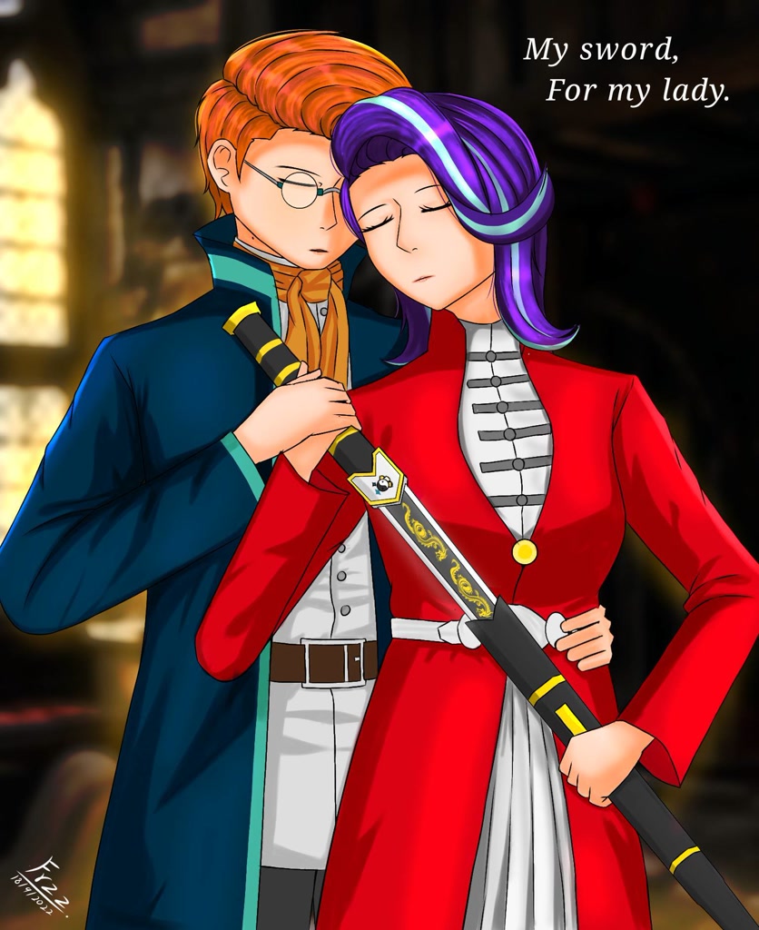 #2970360 - safe, artist:lencai123, starlight glimmer, sunburst, human, g4, clothes, duo, female ...