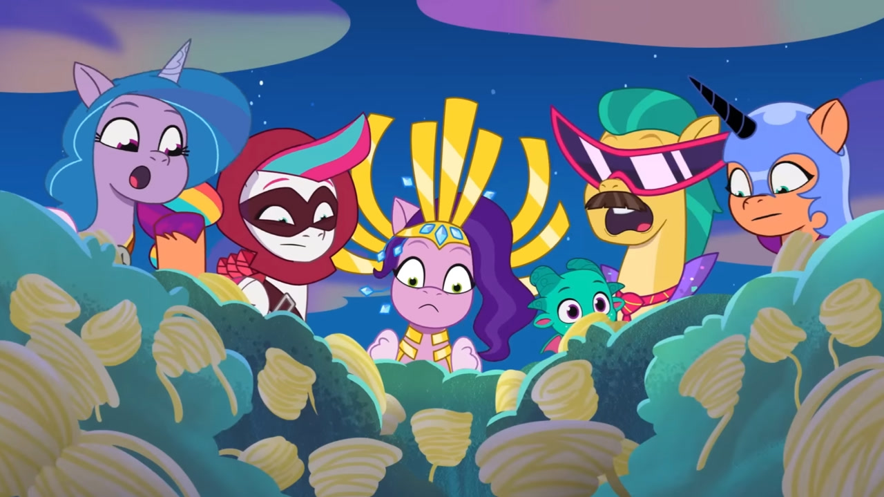 #2971218 - safe, screencap, hitch trailblazer, izzy moonbow, nightmare moon, pipp petals, sparky ...