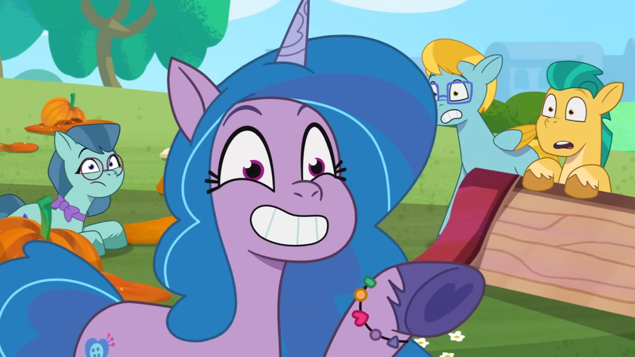 #2976999 - safe, screencap, delightful trifle, feather clips, hitch trailblazer, izzy moonbow ...