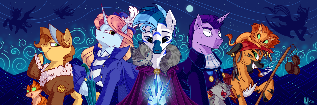 #2963162 - safe, artist:hilloty, oc, cat, pony, unicorn, zebra, moon ...