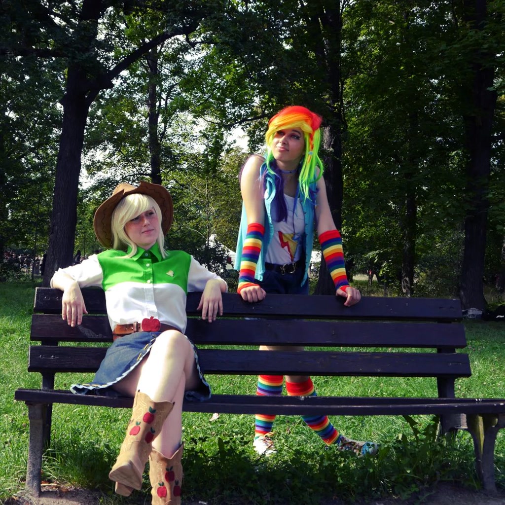 #2988648 - safe, applejack, rainbow dash, human, g4, bench, clothes ...