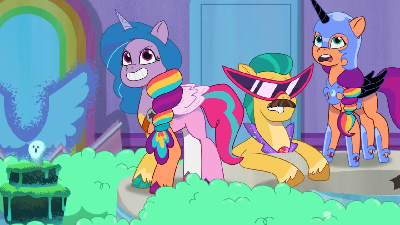 #2980001 - safe, screencap, hitch trailblazer, izzy moonbow, nightmare moon, sunny starscout ...