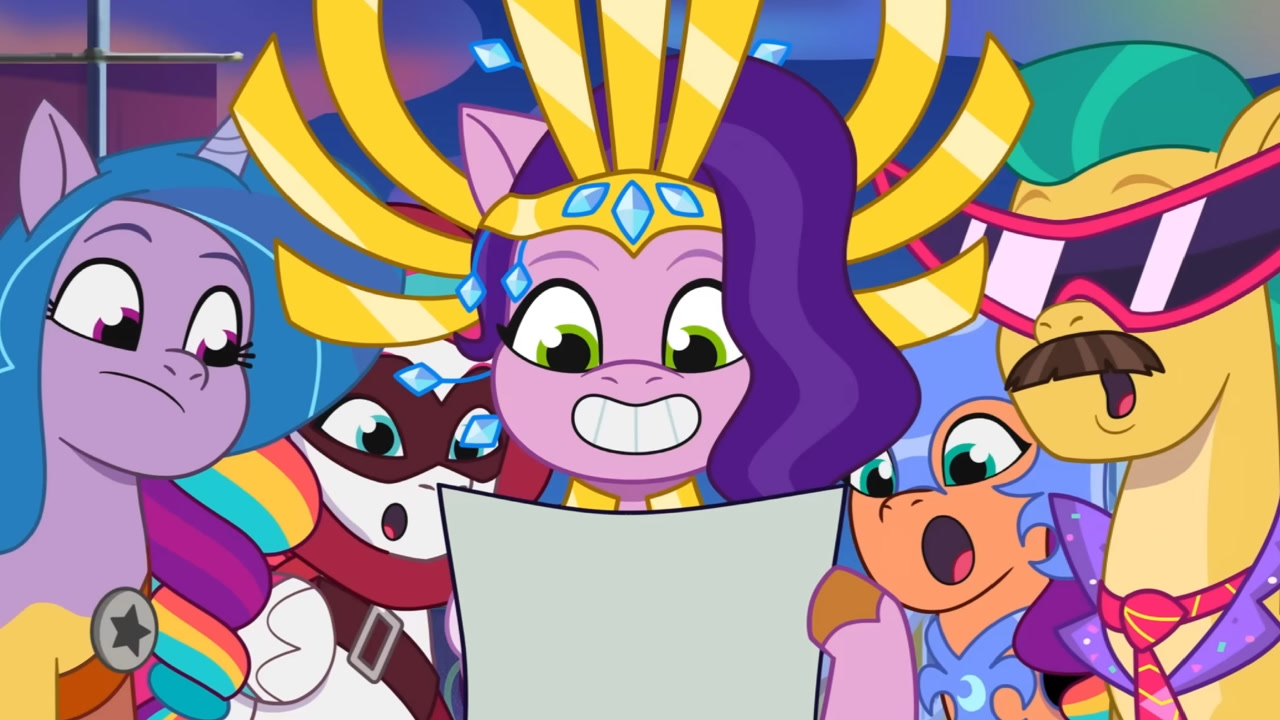 #2981437 - safe, screencap, hitch trailblazer, izzy moonbow, nightmare moon, pipp petals, sunny ...