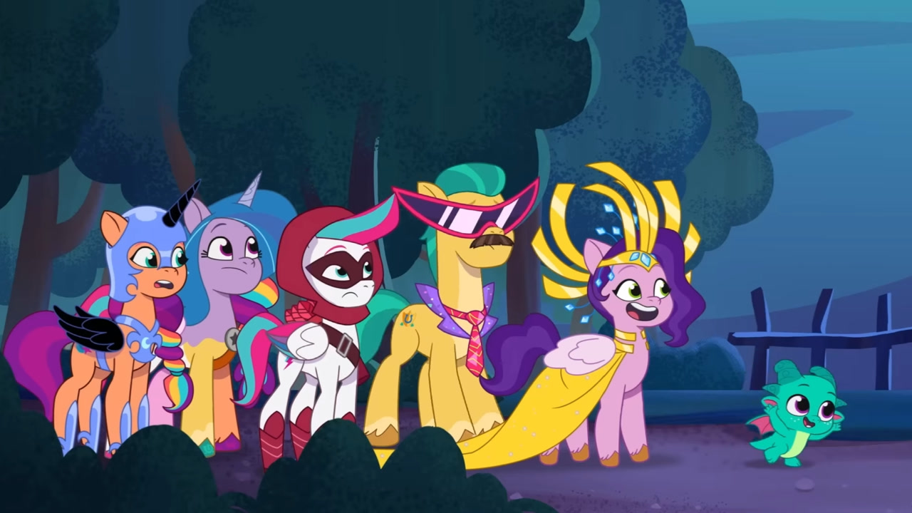 #2981457 - safe, screencap, hitch trailblazer, izzy moonbow, nightmare moon, pipp petals, sparky ...