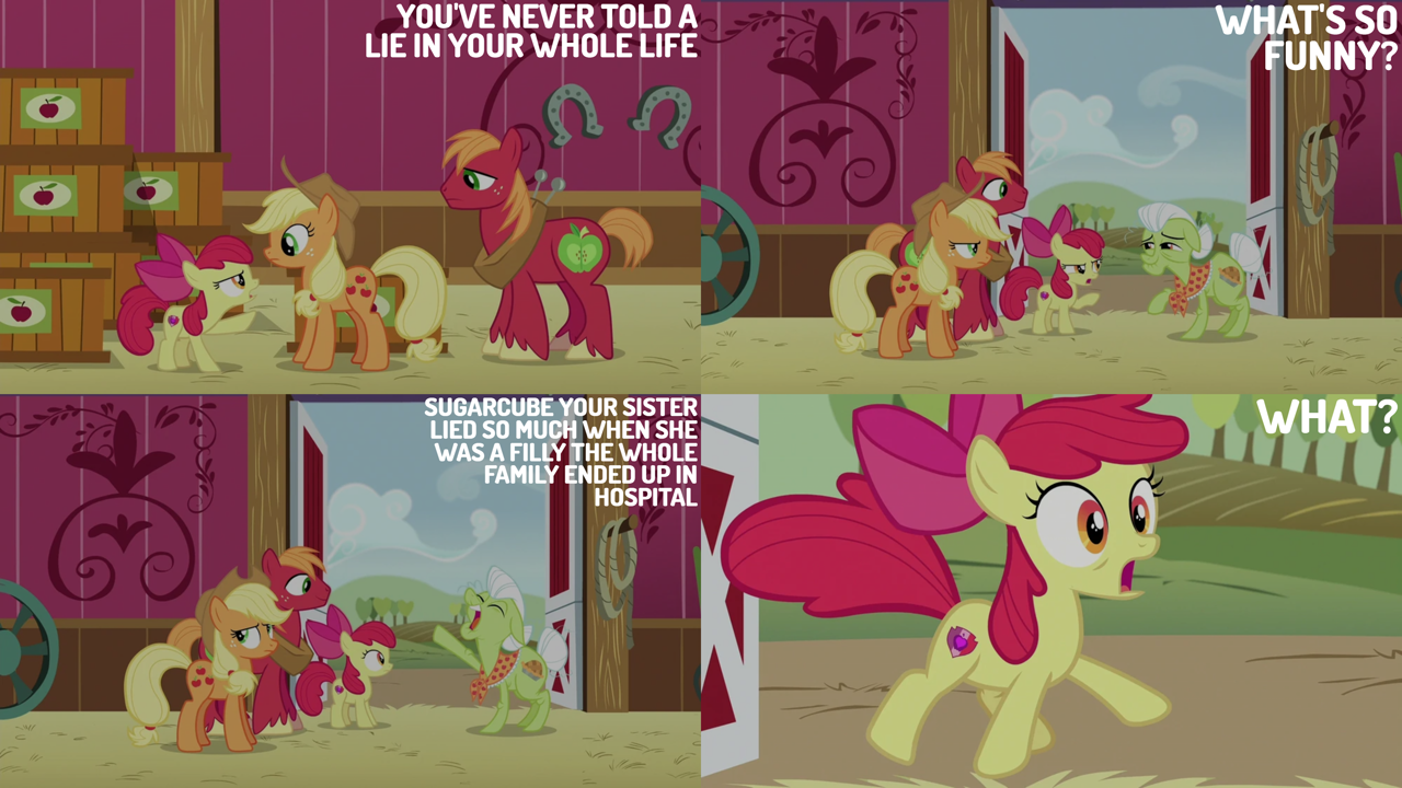 #2983250 - safe, edit, edited screencap, editor:quoterific, screencap, apple bloom, applejack ...