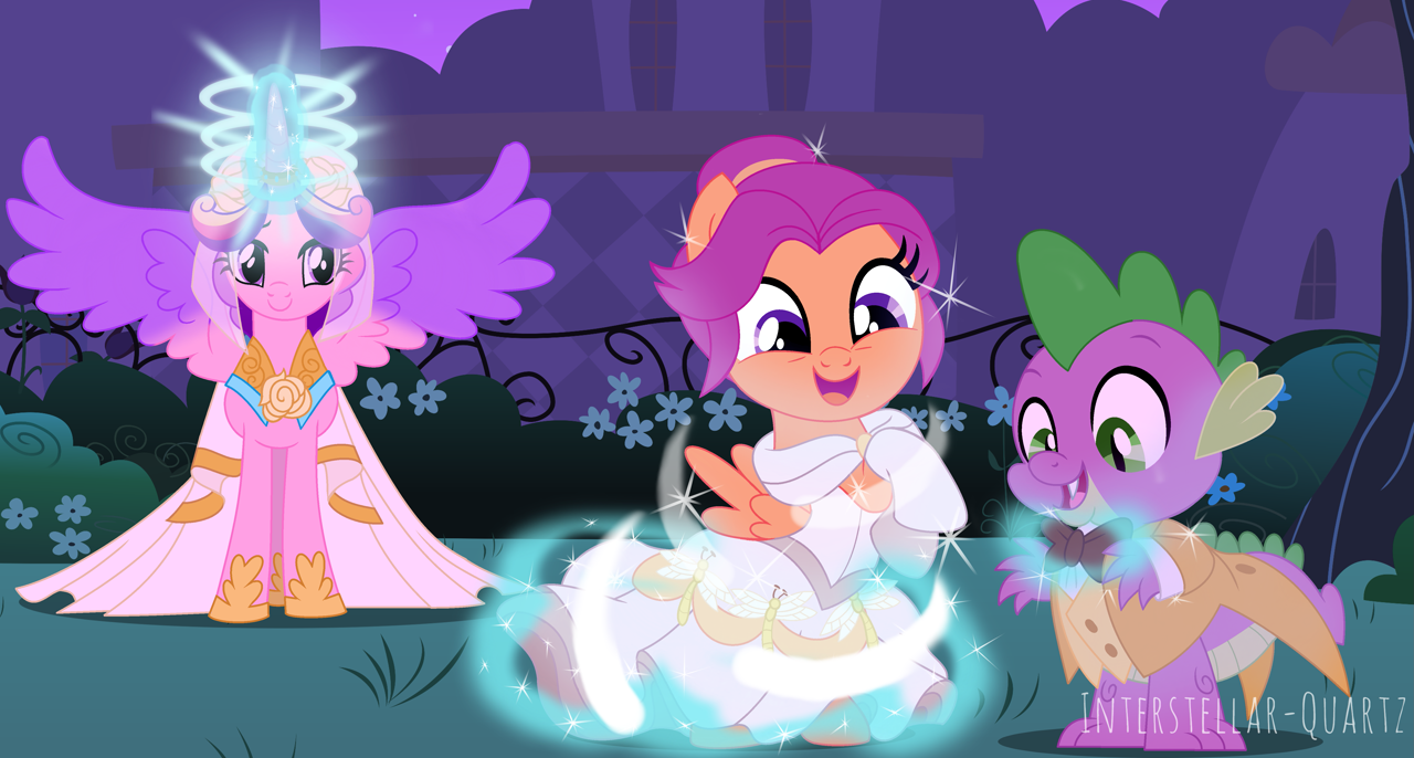 #2999314 - safe, artist:interstellar-quartz, princess cadance, scootaloo, spike, alicorn, dragon ...