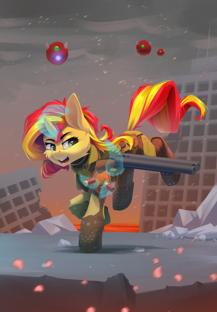 #2830794 - safe, artist:n_thing, sunset shimmer, pony, unicorn, g4, ammunition, cacodemon, cheek ...