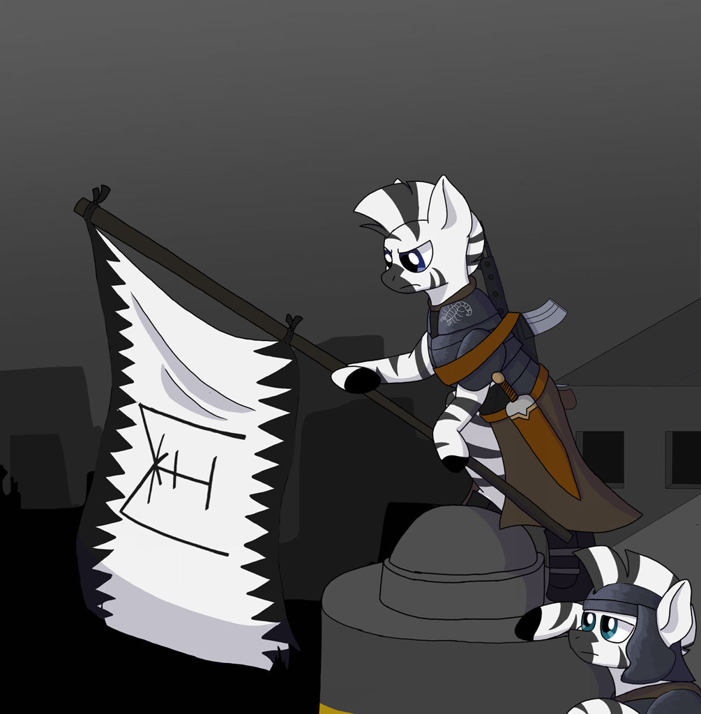 #2854263 - safe, artist:suidian, zebra, fallout equestria, flag ...