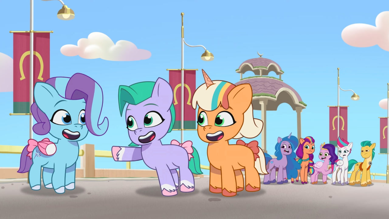 #2854634 - safe, screencap, glory (g5), hitch trailblazer, izzy moonbow, peach fizz, pipp petals ...