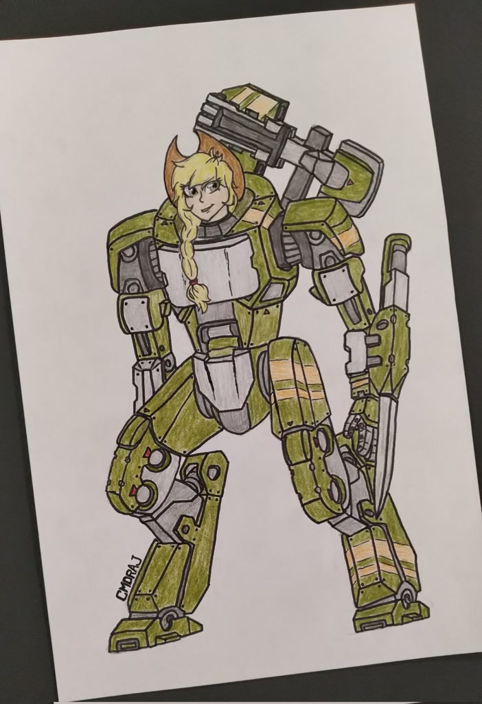 #2866721 - safe, artist:yognaughtsteve, applejack, human, hammer, humanized, mech, solo, sword ...