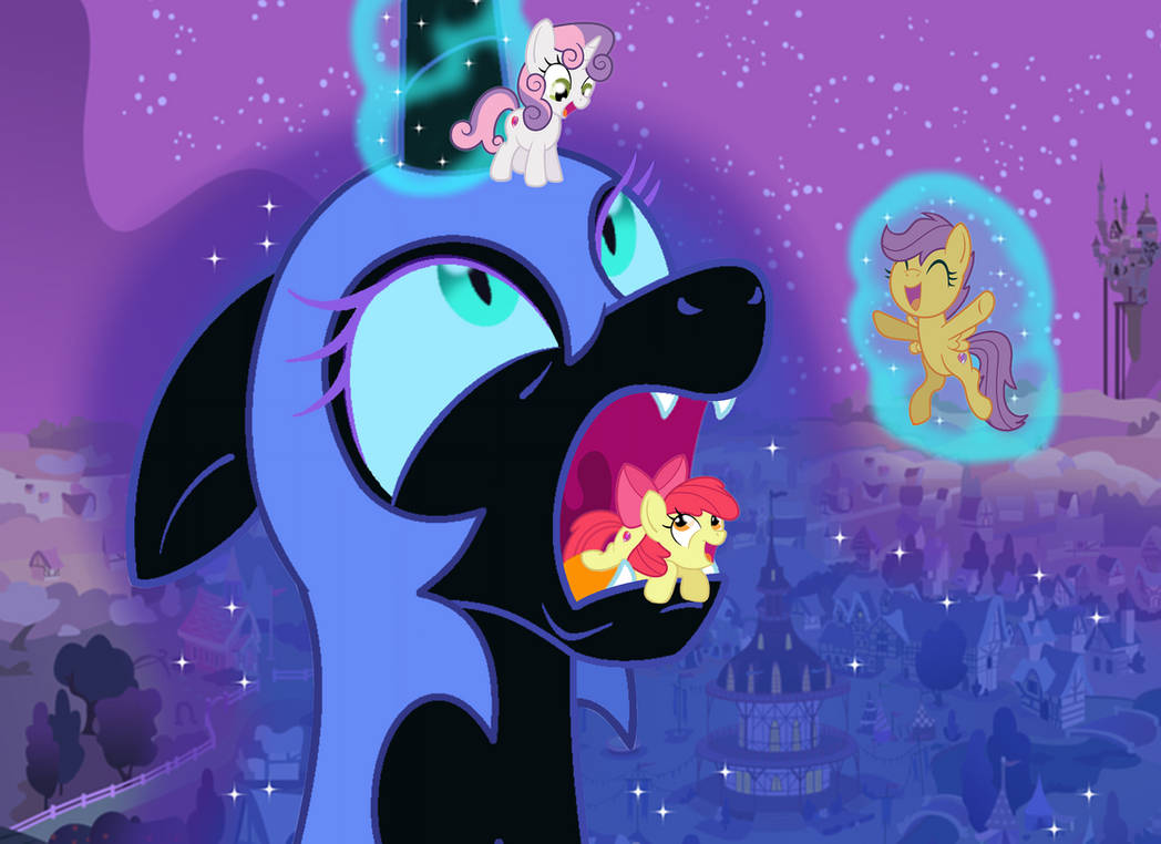 #2941586 - safe, artist:bbbhuey, apple bloom, nightmare moon, scootaloo, sweetie belle, pegasus ...