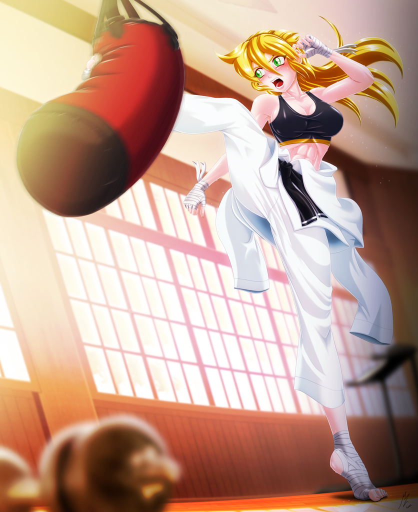 2941596 Suggestive Artistmauroz Applejack Human G4 Abs Anime Bandage Breasts Busty