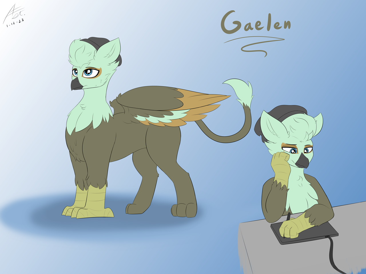 #3025956 - safe, artist:astrum, oc, oc only, oc:gaelen, griffon, abstract background, beanie ...