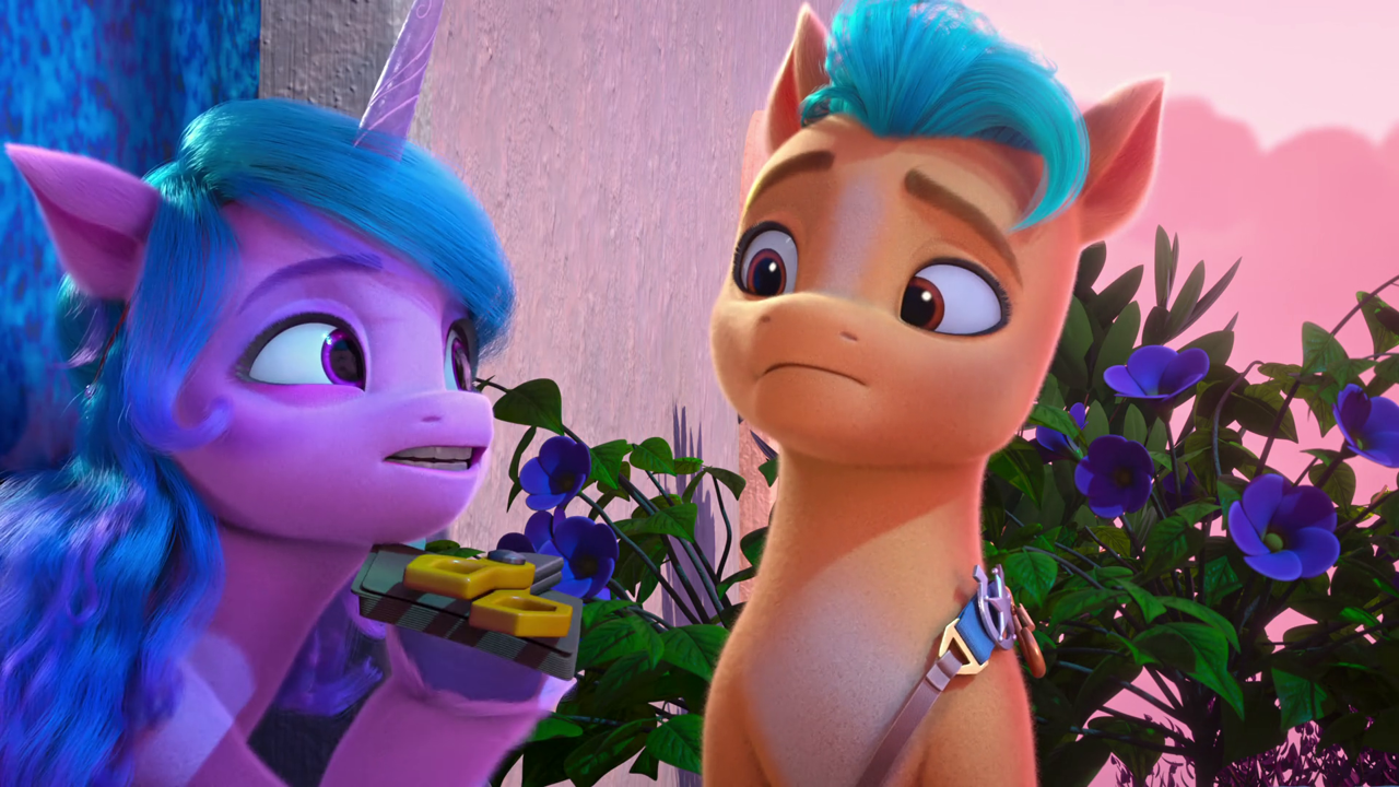 #3028301 - safe, screencap, hitch trailblazer, izzy moonbow, earth pony ...