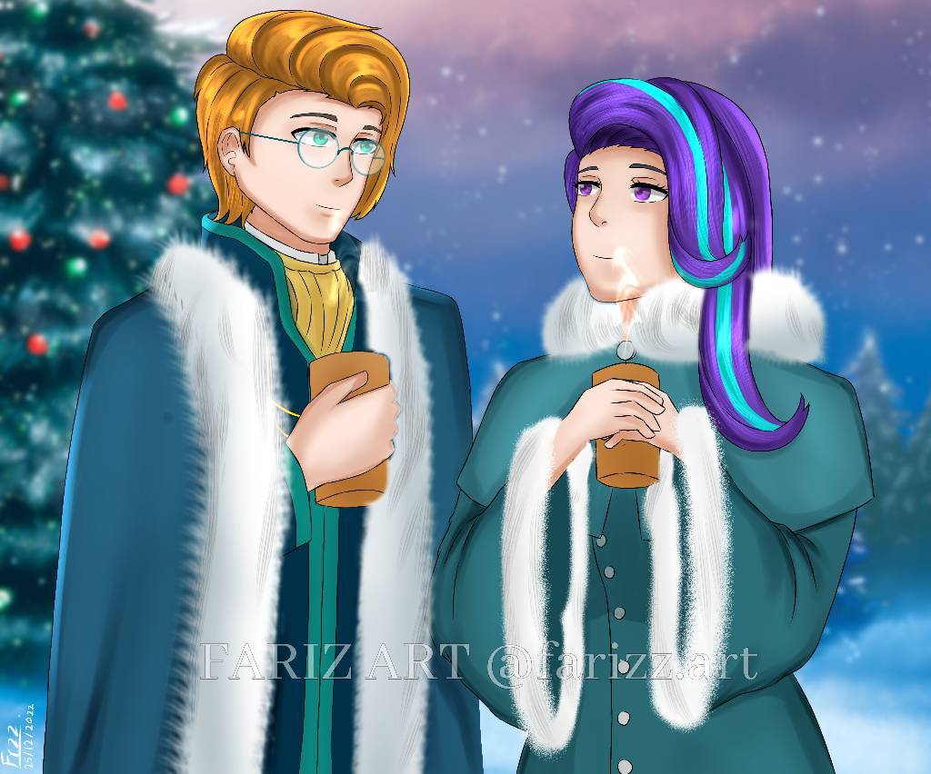 #3030134 - safe, artist:lencai123, starlight glimmer, sunburst, human, g4, christmas, christmas ...