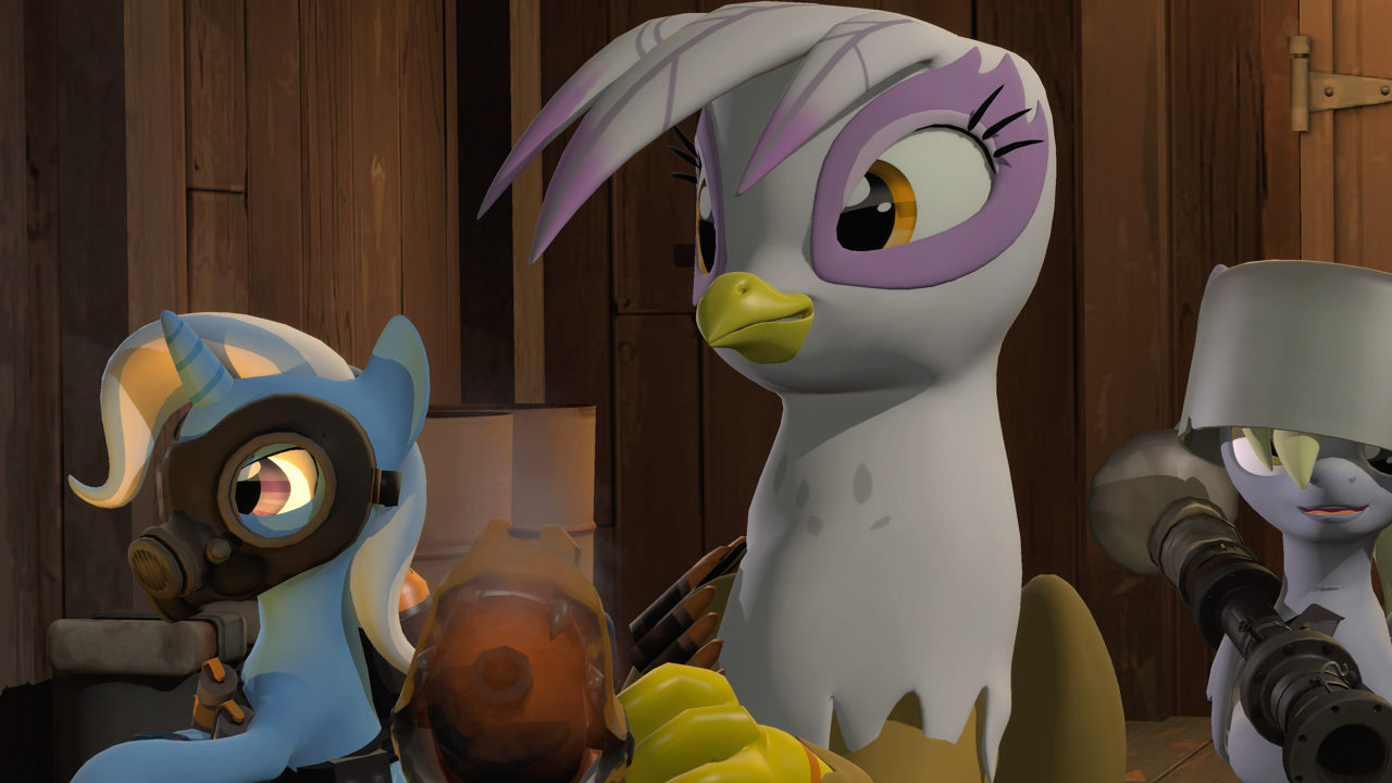 #3032622 - safe, artist:xafilah, derpy hooves, gilda, trixie, griffon ...