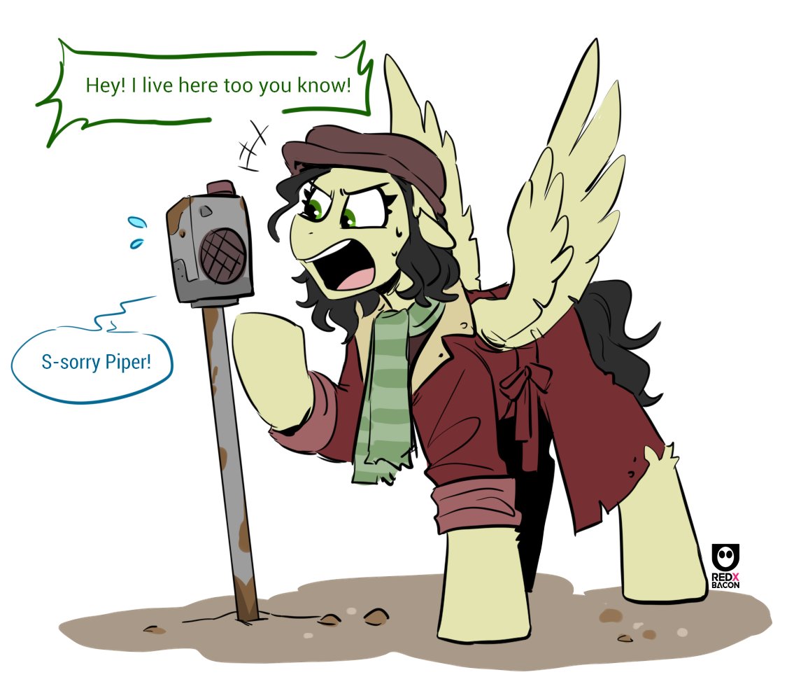 #3021981 - safe, artist:redxbacon, pegasus, pony, clothes, dialogue, fallout, fallout 4, fanart ...
