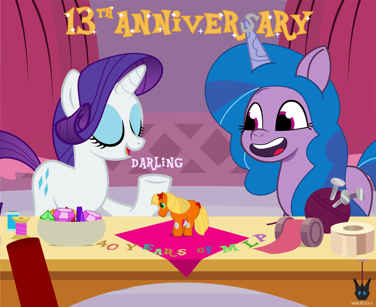 #3217042 - safe, artist:wheatley r.h., derpibooru exclusive, izzy moonbow, rarity, retro leap ...