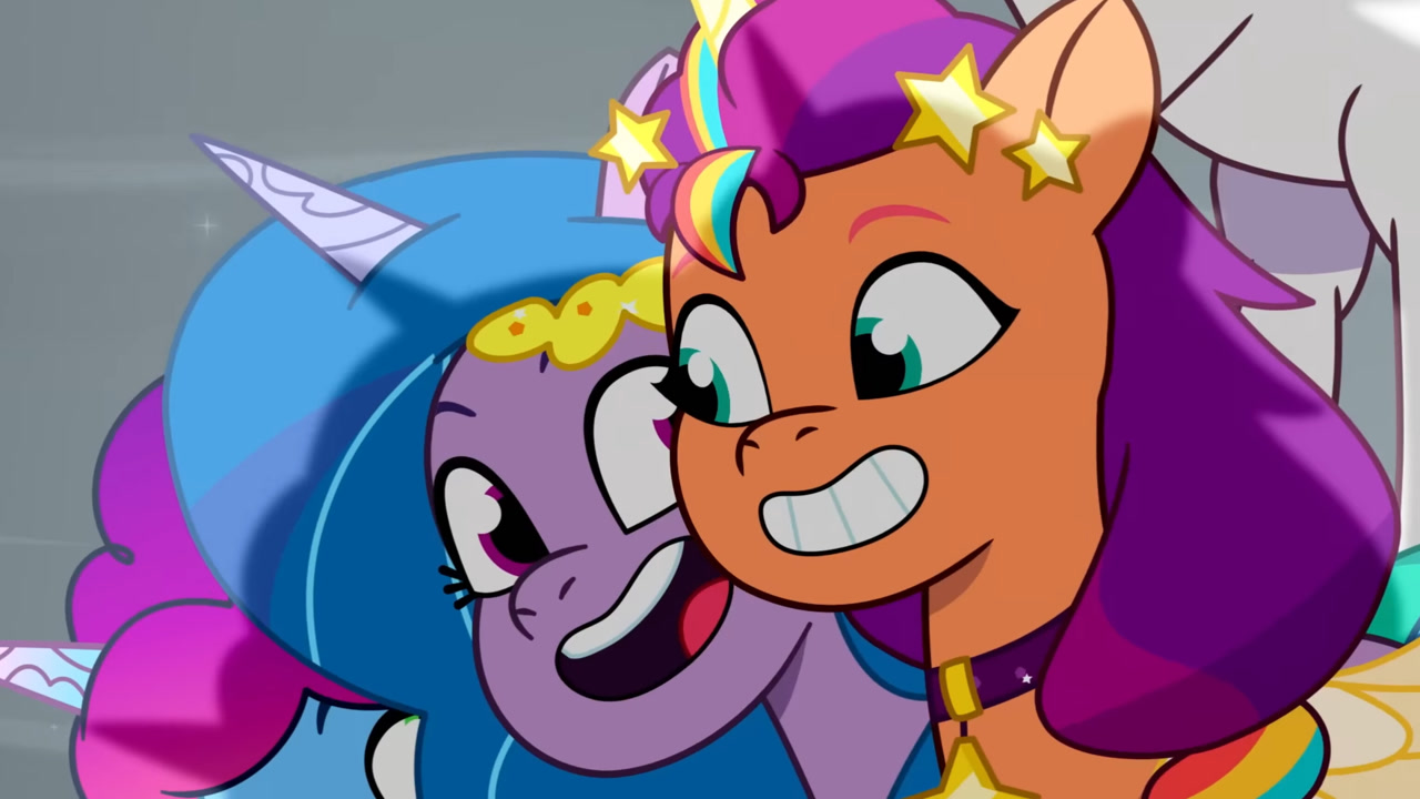 #3219465 - safe, screencap, hitch trailblazer, izzy moonbow, misty brightdawn, sunny starscout ...