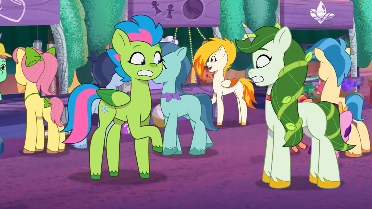 #3222473 - safe, screencap, delightful trifle, elderberry blossom, emerald saucer, flare (g5 ...