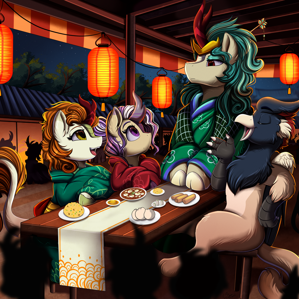 #3226773 - safe, artist:pridark, autumn blaze, rain shine, oc, oc:gusty, oc:lotus cinder ...