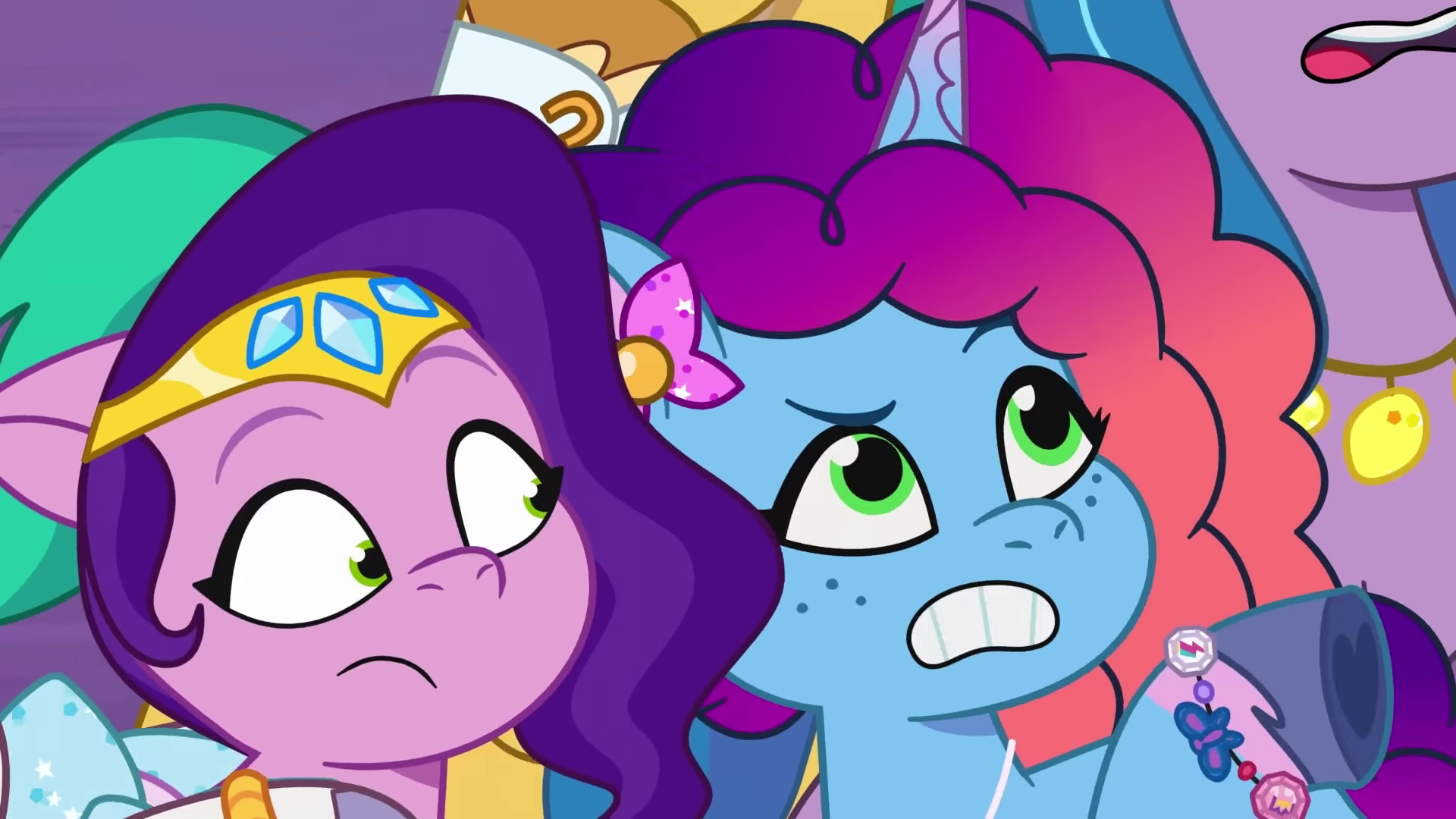 #3212885 - safe, screencap, blaize skysong, hitch trailblazer, izzy moonbow, lava (g5), misty ...