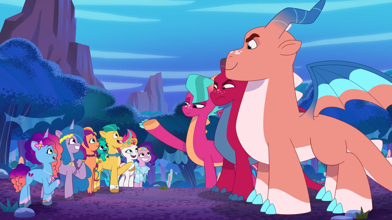 #3212893 - safe, screencap, blaize skysong, hitch trailblazer, izzy moonbow, lava (g5), misty ...