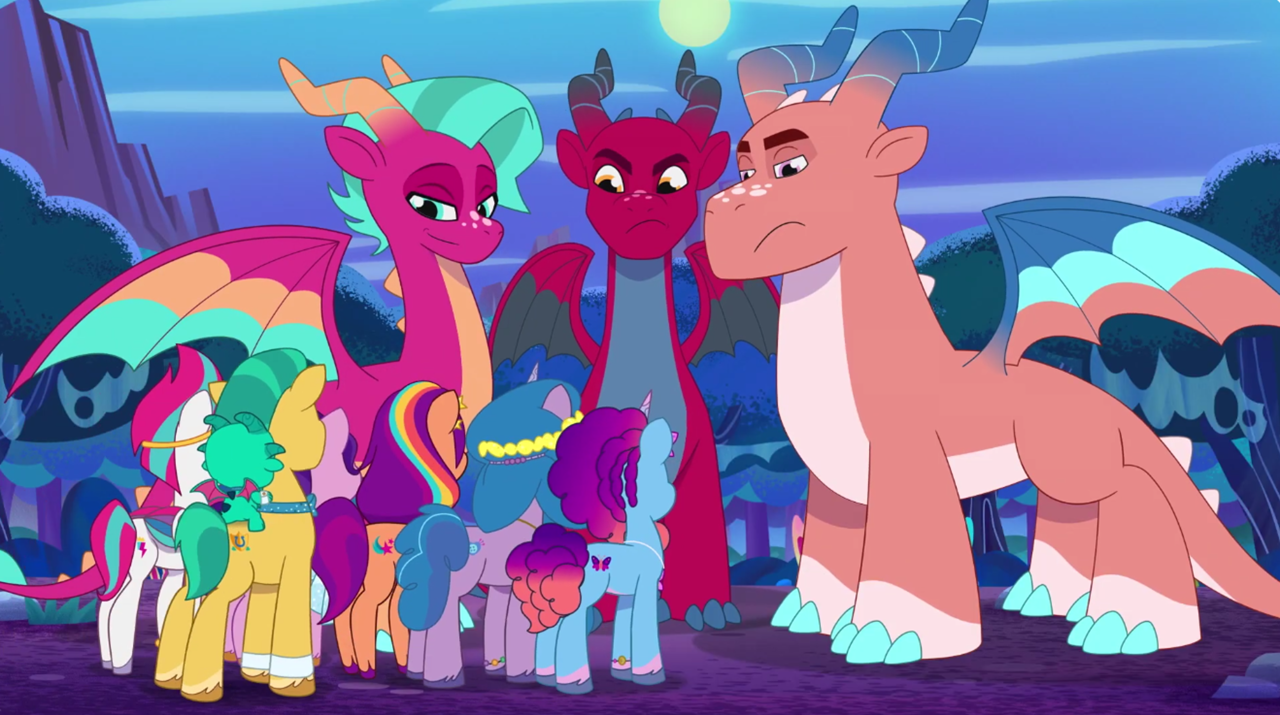 #3212907 - safe, screencap, blaize skysong, hitch trailblazer, izzy moonbow, lava (g5), misty ...