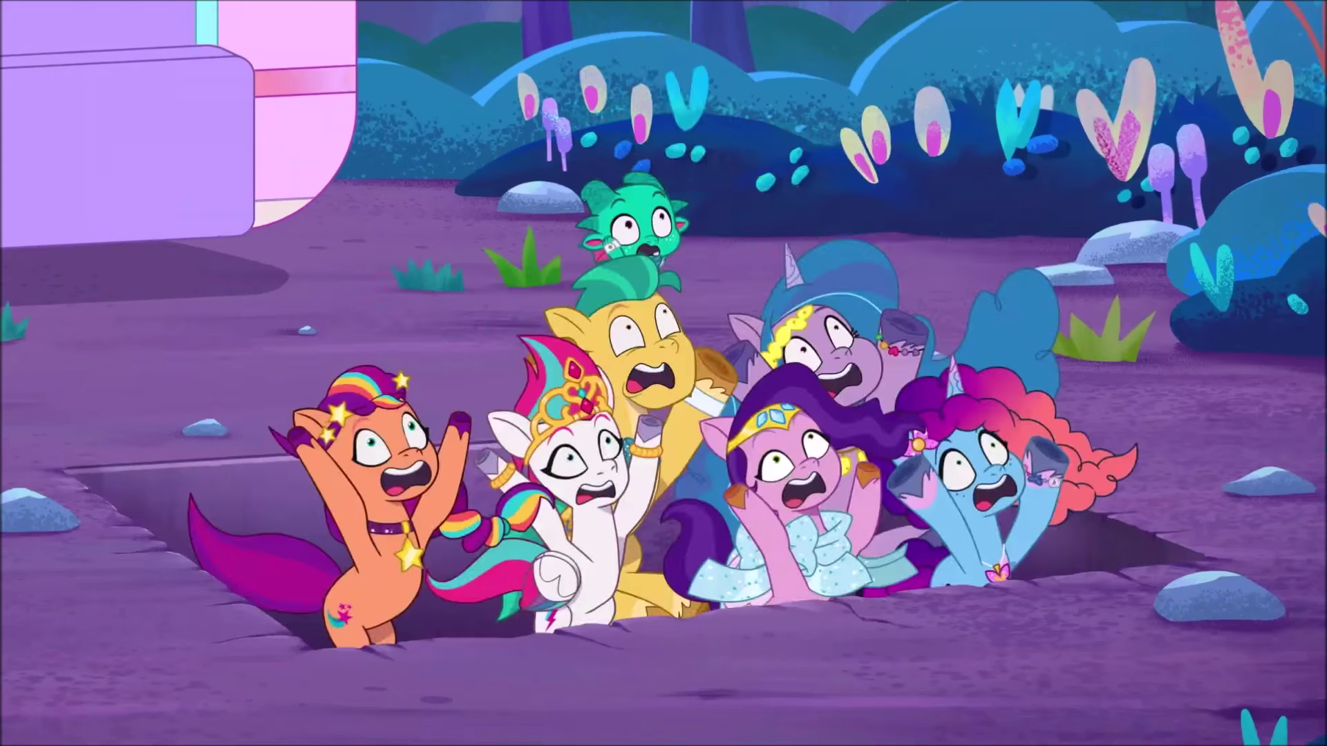 #3212935 - safe, screencap, blaize skysong, hitch trailblazer, izzy moonbow, lava (g5), misty ...