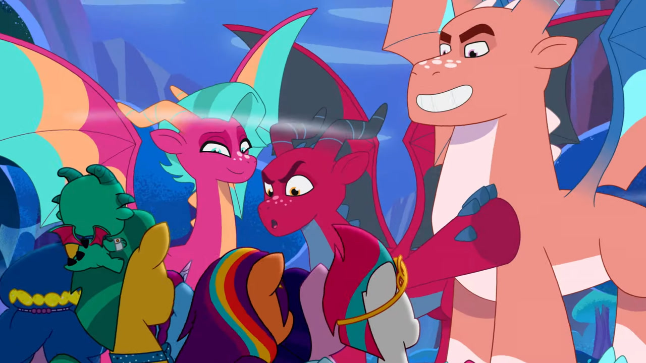 #3213655 - safe, screencap, blaize skysong, hitch trailblazer, izzy moonbow, lava (g5), misty ...